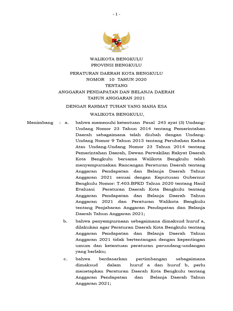 Perda No. 10 Tahun 2020 | PDF | Pengelolaan Keuangan & Uang | Hukum