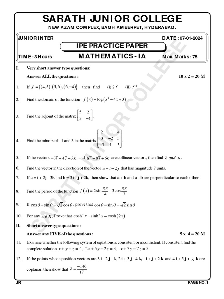 JR Maths-Ia Ipe Practice Paper | PDF