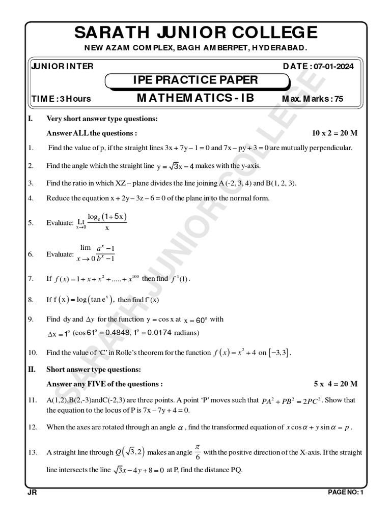 JR Maths-Ib Ipe Practice Paper | PDF | Area | Triangle