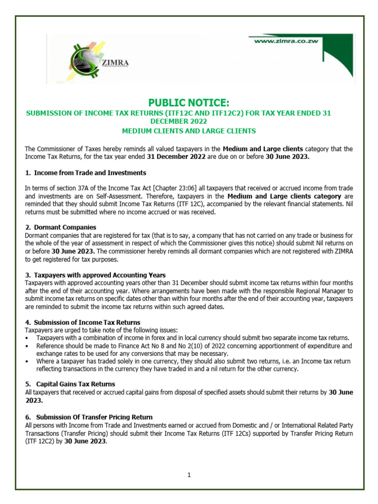 Public Notice 35 of 2023 Income Tax Returns ITF 12C and ITF 12C2 For ...