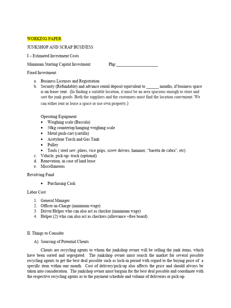 WORKING PAPER Junkshop - SCarp Business | PDF | Business | Economies