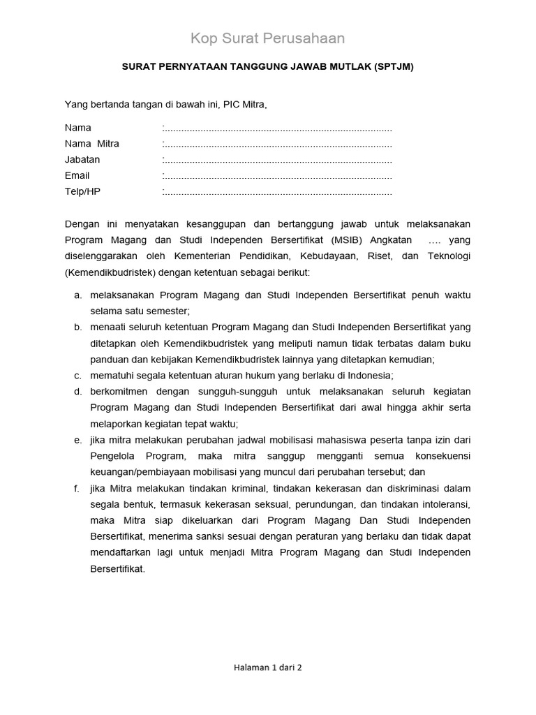 (Format) SPTJM Mitra MSIB Angkatan 5 | PDF