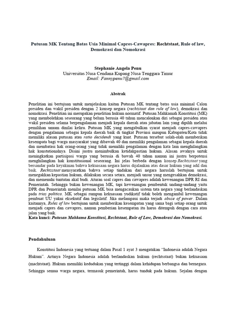 Stephanie Angela Penu Jurnal Putusan MK Tentang Batas Usia Capres Dan ...