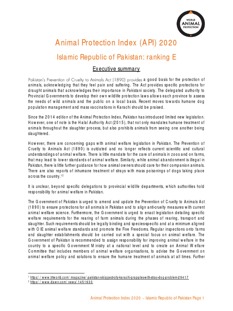 Animal Protection Index Islamic Repubic of Pakistan | PDF
