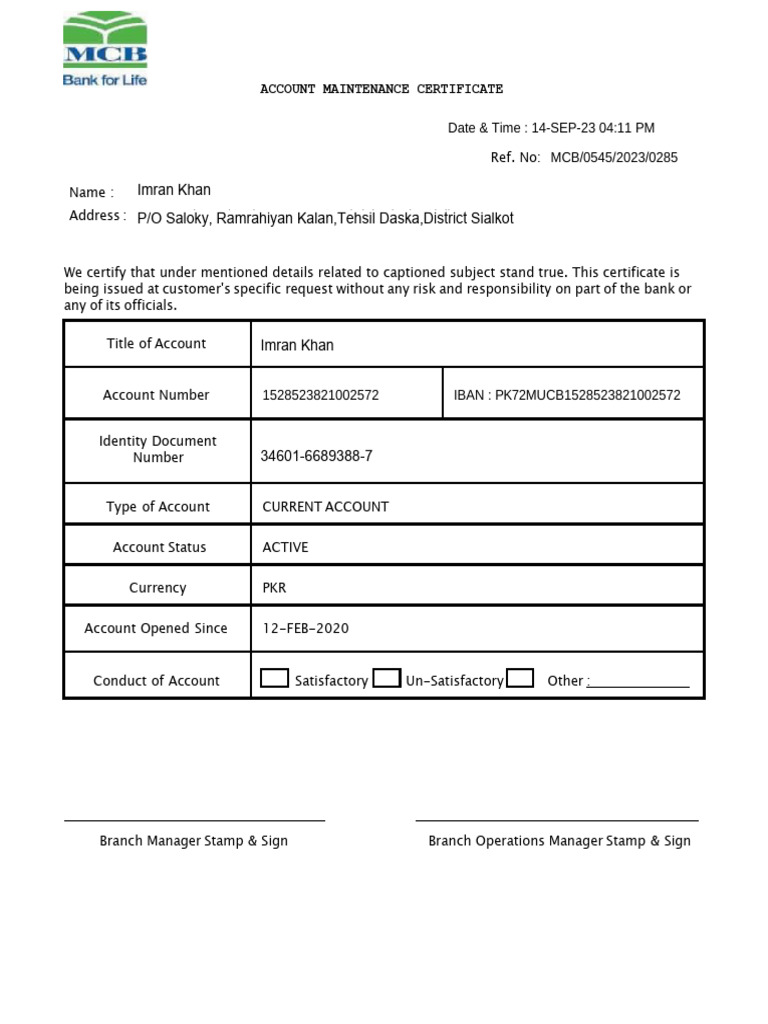 MCB Account Maintenance Certificate | PDF | Finance & Money Management