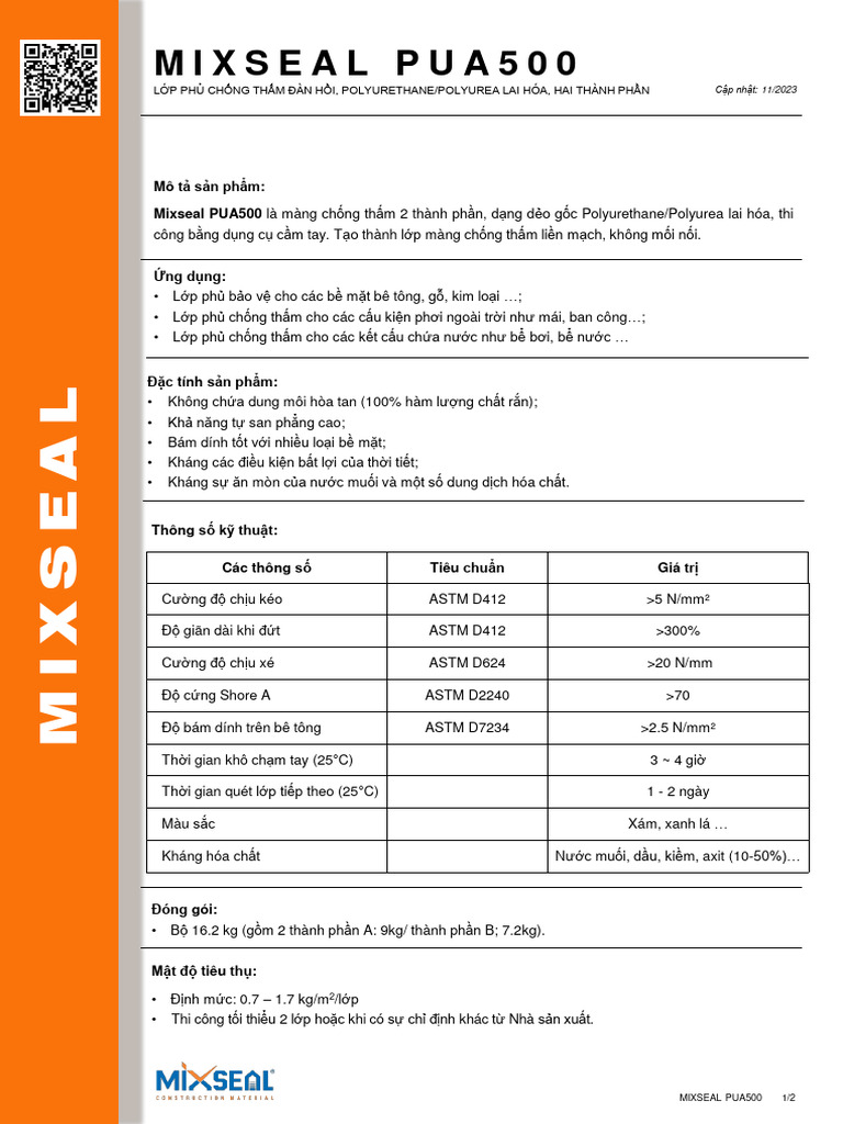 Mixseal PUA 500.Vn. Tài Liệu Kỹ Thuật 1123 | PDF