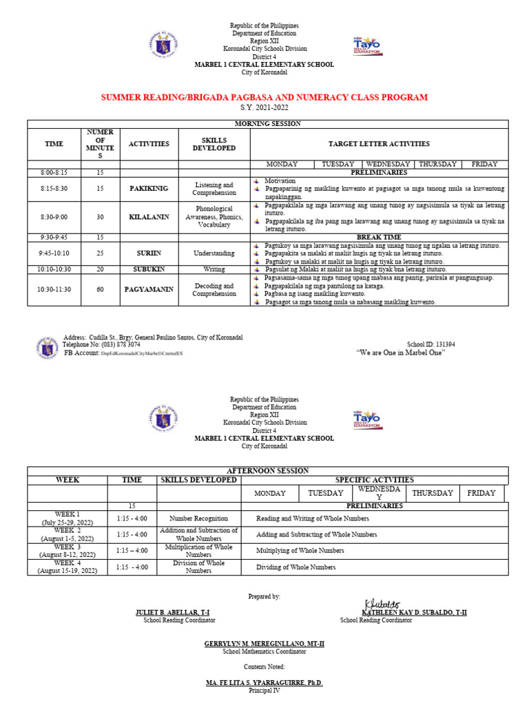 Summer Reading and Numeracy Class Program S.y.2021 2022 | PDF | Writing ...