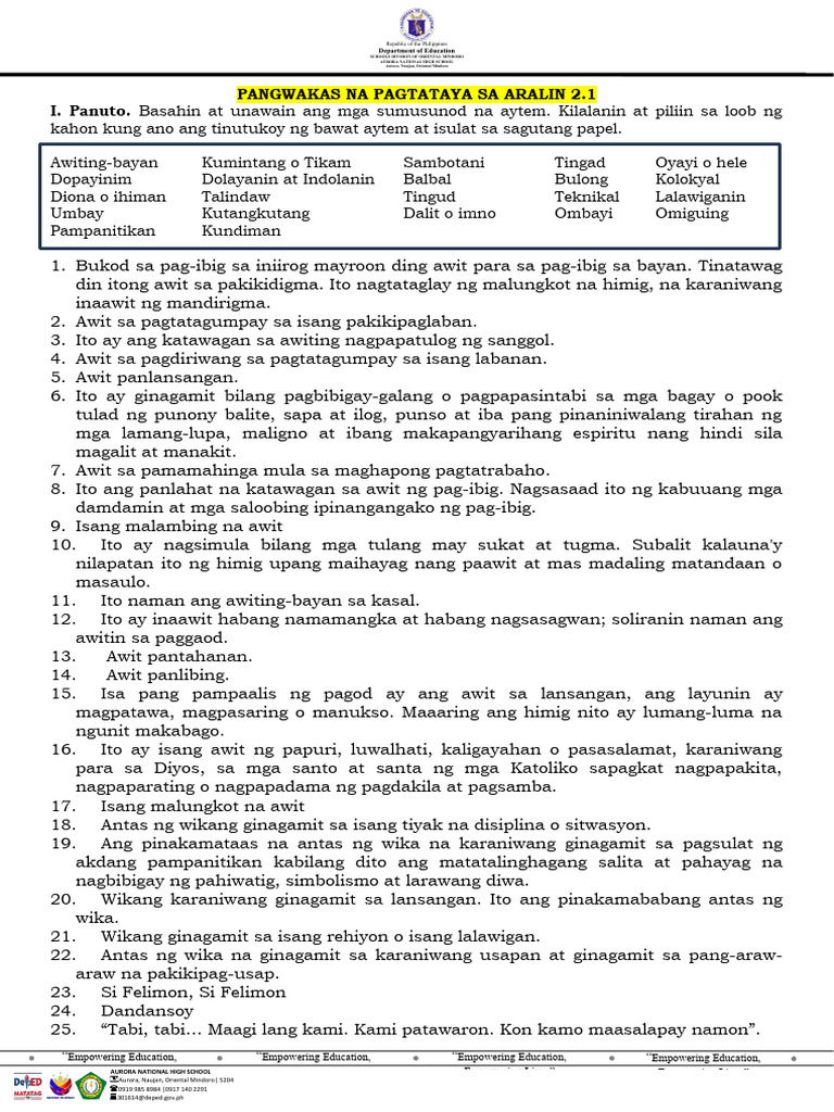 Filipino 7 Pagtataya Q2 W1 | PDF