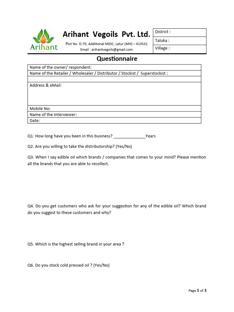 Edible Oil Distributor Questionnaire | PDF | Business | Law