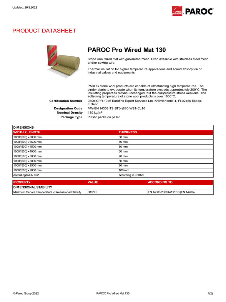 PAROC Pro Wired Mat 130 Datasheet | PDF | Science & Mathematics