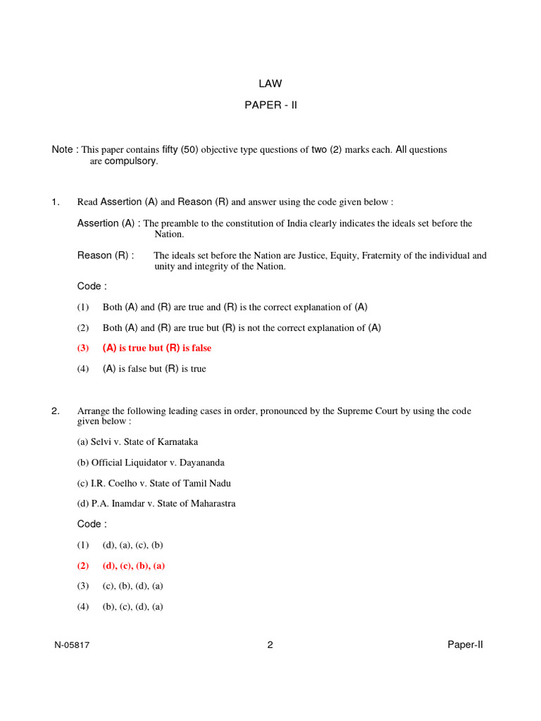 LAW Paper - Ii: (3) (A) Is True But (R) Is False | PDF