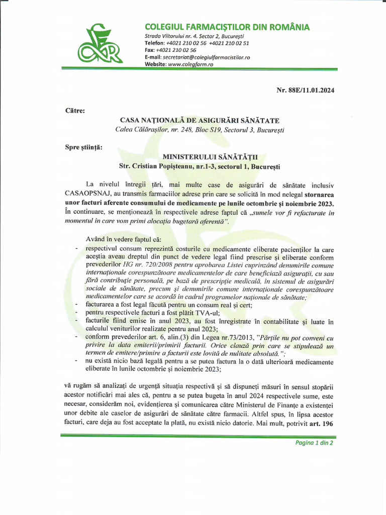 Adresa CNAS Stornare Facturi | PDF