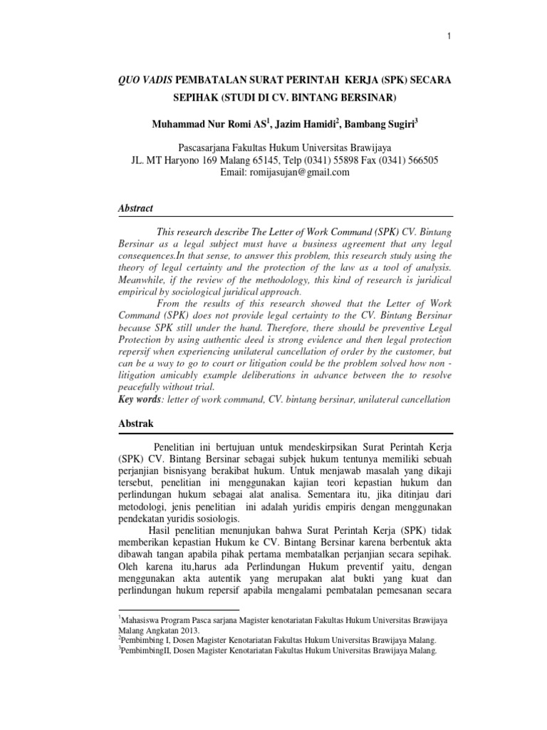ID Quo Vadis Pembatalan Surat Perintah Kerja SPK Secara Sepihak Studi Di CV Bintang | PDF