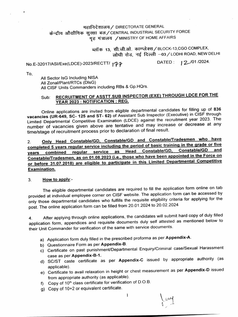 .Trashed 1709299059 CISF ASI Recruitment 2024 Notification 2024 01 | PDF