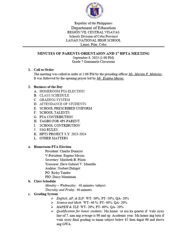 1st HPTA Meeting | PDF