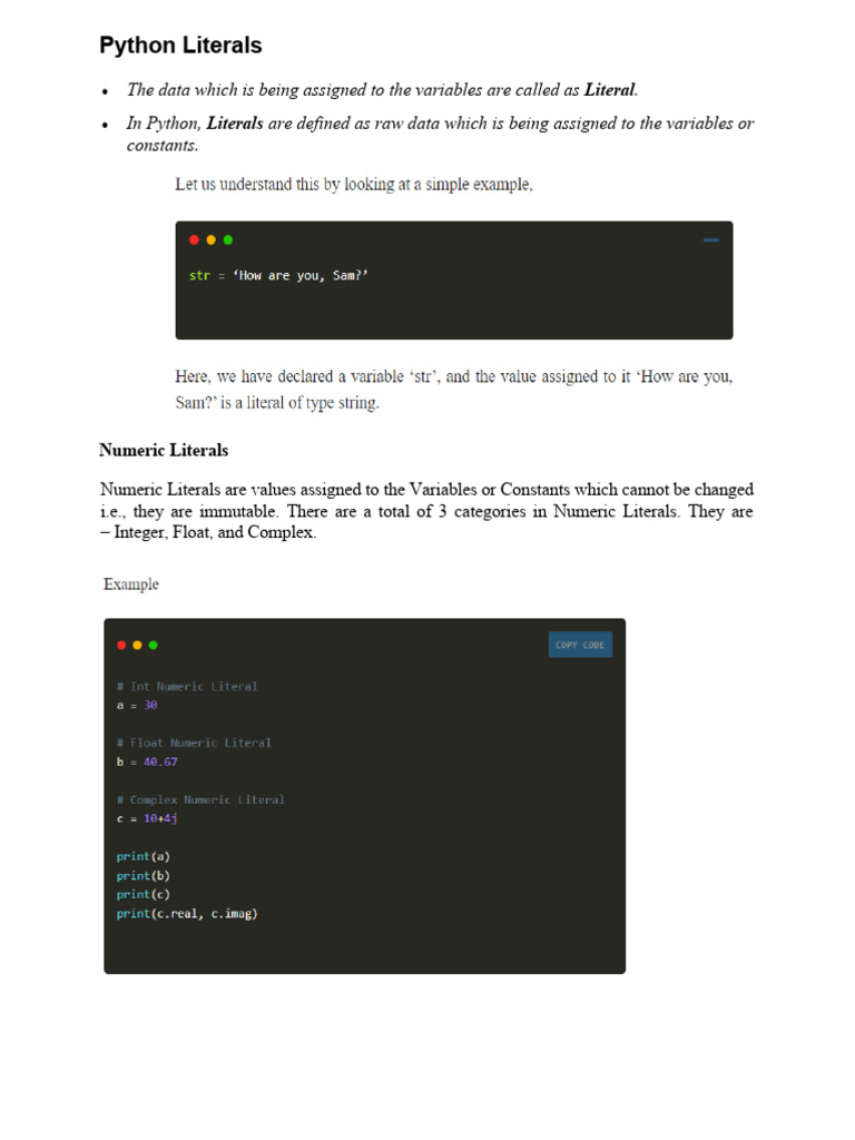 Python Literals | PDF | Data Type | Bracket Python Literals | PDF | Data Type | Bracket
