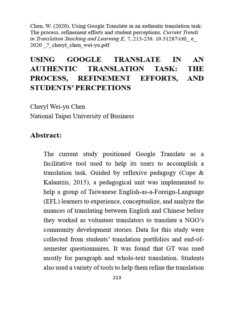 Using Google Translate in An Authentic Translation Task The Process ...
