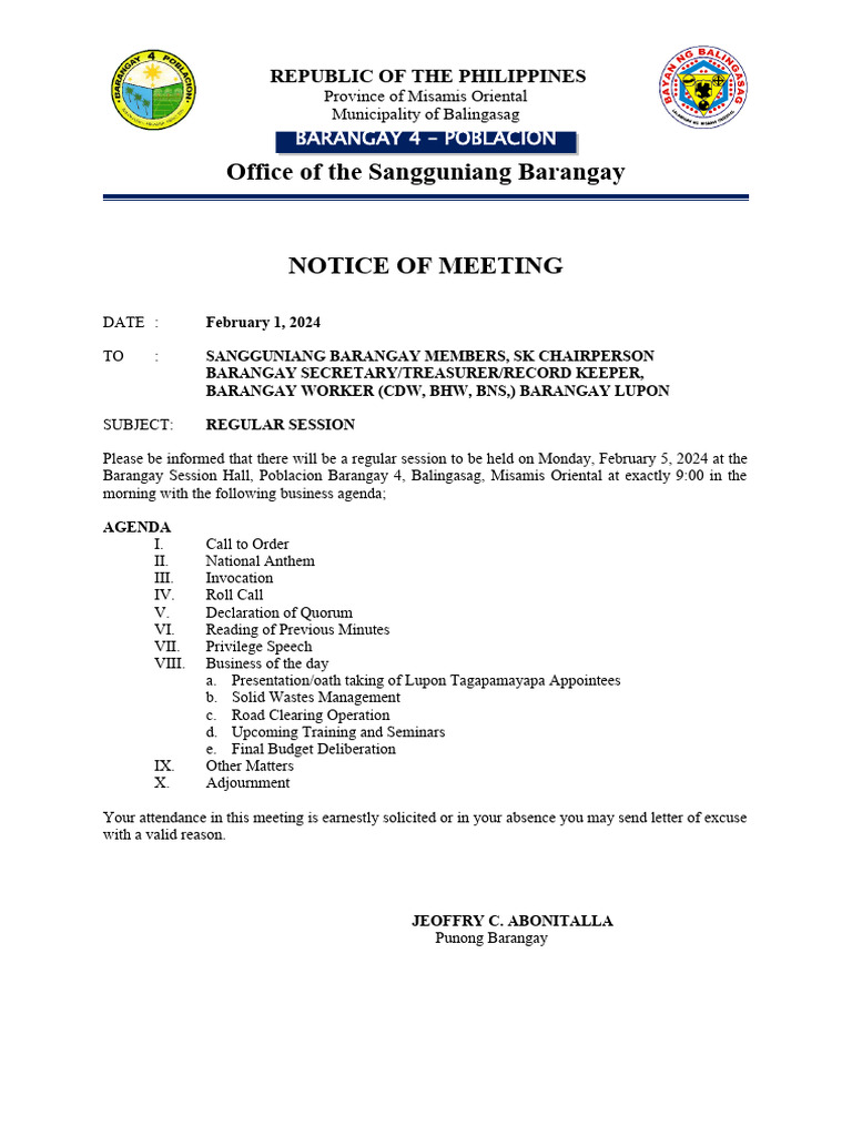Barangay Meeting Notice and Agenda | PDF | Government