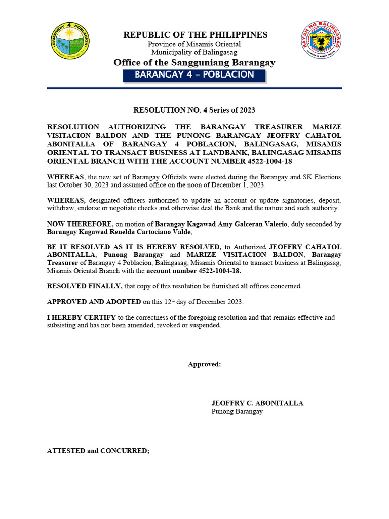 BARANGAY Resulotion-Authorizing | PDF
