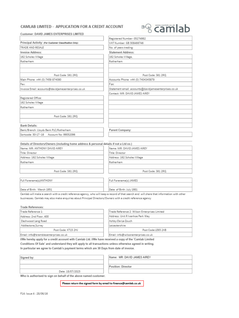 F14 Credit Account Application | PDF
