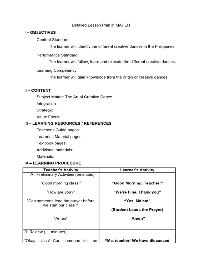 Detailed Lesson Plan MAPEH | PDF