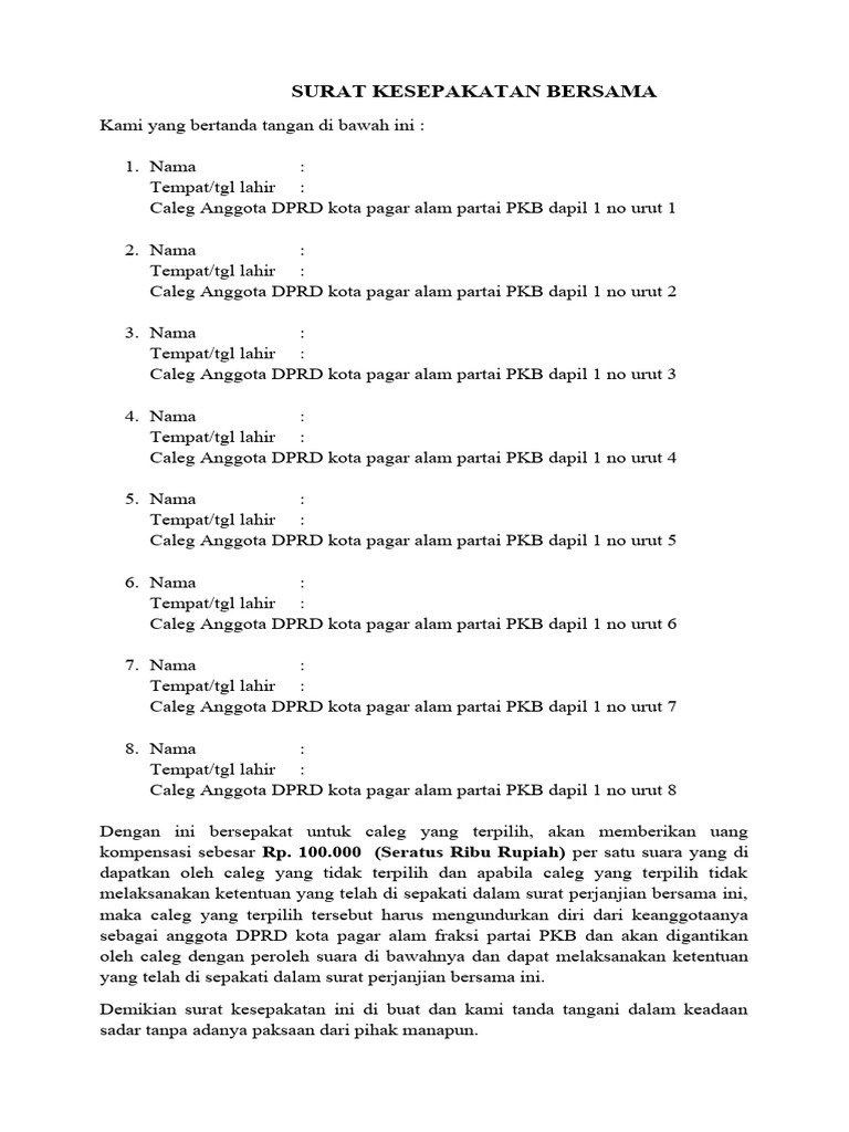 Surat Kesepakatan Bersama Caleg Baru | PDF