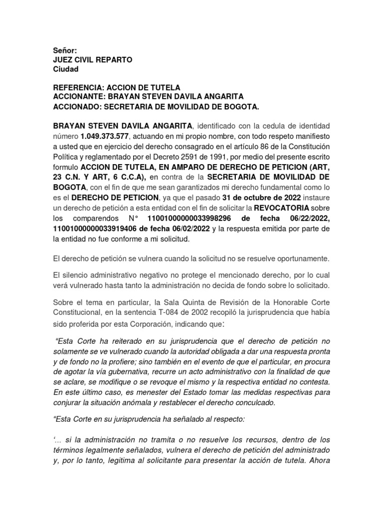 Acción de tutela por derecho de petición | PDF | Caso de ley | Debido ...