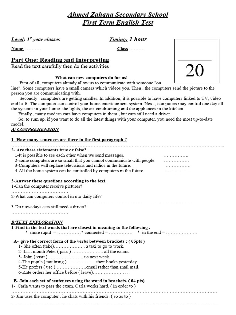 1st Year 1st Term Tests Exams | PDF | Snow White | Ellipsis