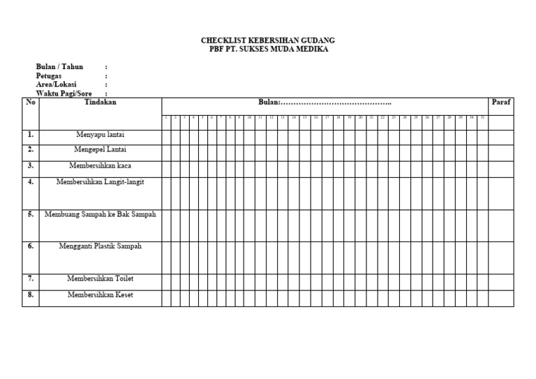 Checklist Kebersihan Gudang PBF | PDF