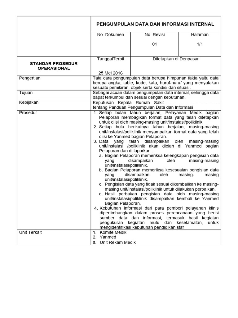Prosedur Pengumpulan Data Internal Rumah Sakit | PDF