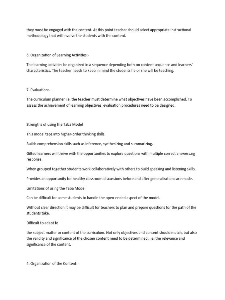 Taba Model: Strengths and Limitations | PDF | Teachers | Curriculum
