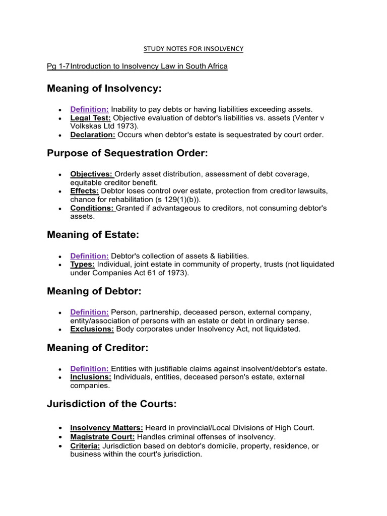Study Notes For Insolvency | Download Free PDF | Bankruptcy | Insolvency