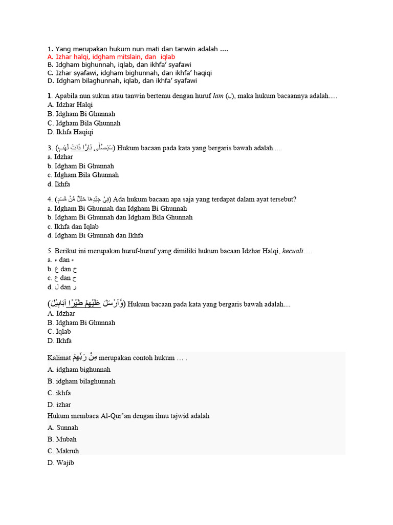 1. Apabila nun sukun atau tanwin bertemu dengan huruf lam (ل), maka hukum bacaannya adalah.... | PDF