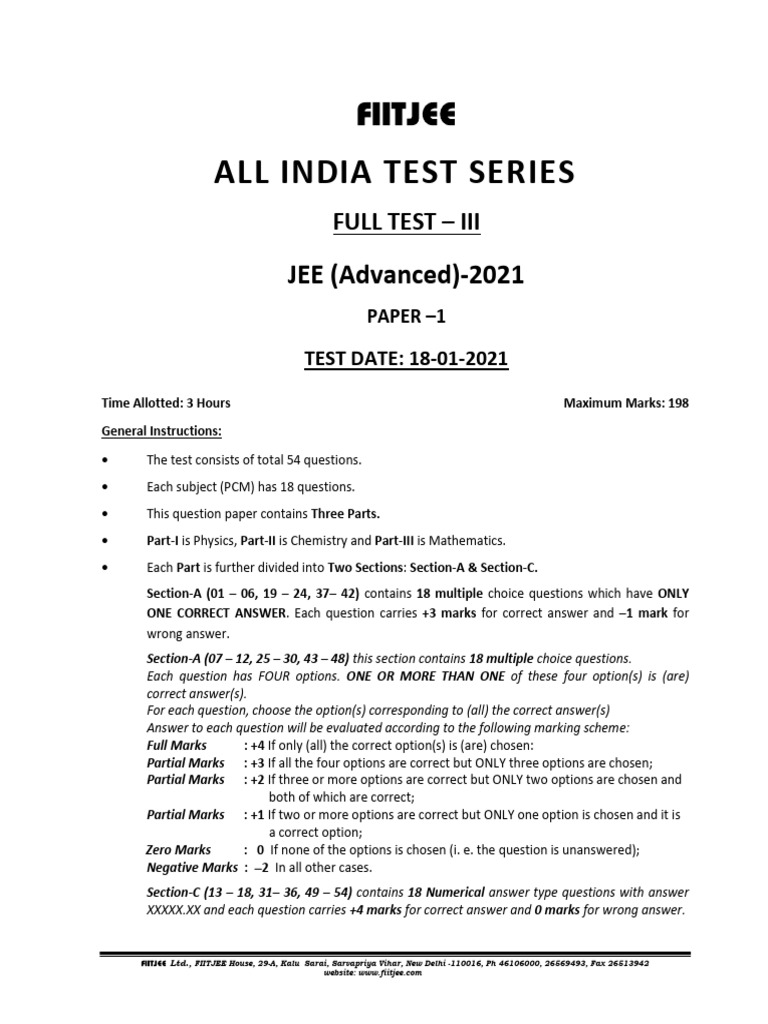 Aits-6 Jee Advanced Paper-1 18.01.2021 - Removed | PDF | Physics ...