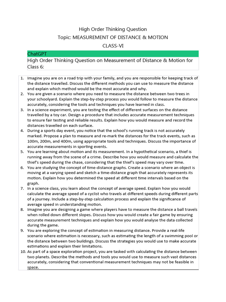 High Order Thinking Question On MEASUREMENT OF DISTANCE Class-6 | PDF ...