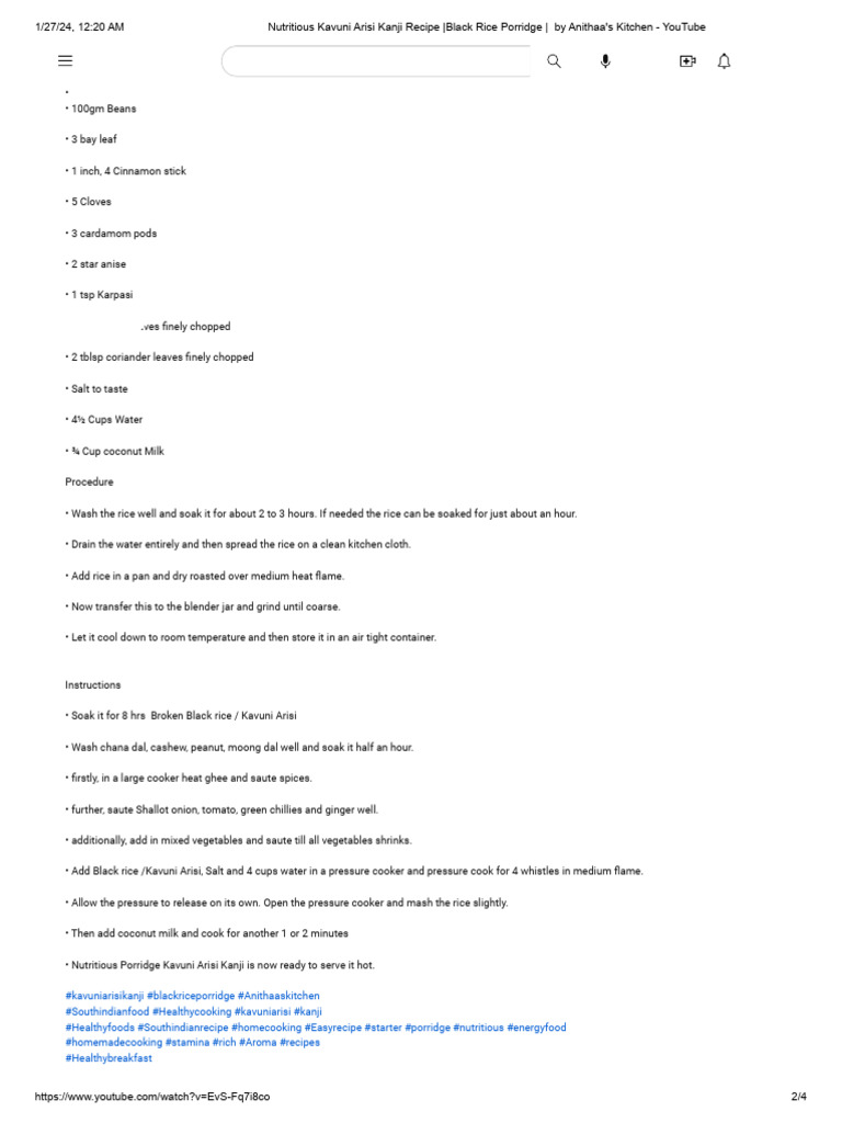 Kavuni Arisi Kanji Recipe Guide | PDF | Asian Cuisine | Food And Drink ...