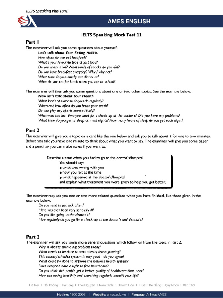 IELTS Speaking Plus 1on1 - Lesson 11 - Speaking Mock Test 11 | PDF