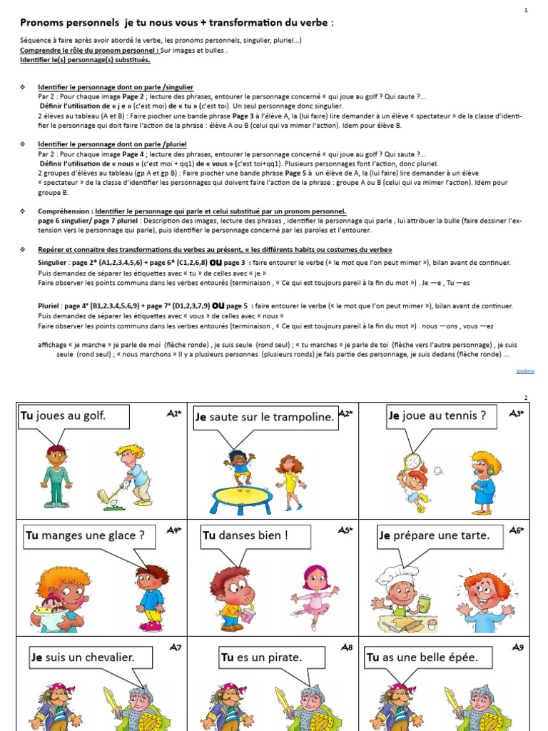 Pronoms Personnels Je Tu Nous Vous Et Accords | PDF