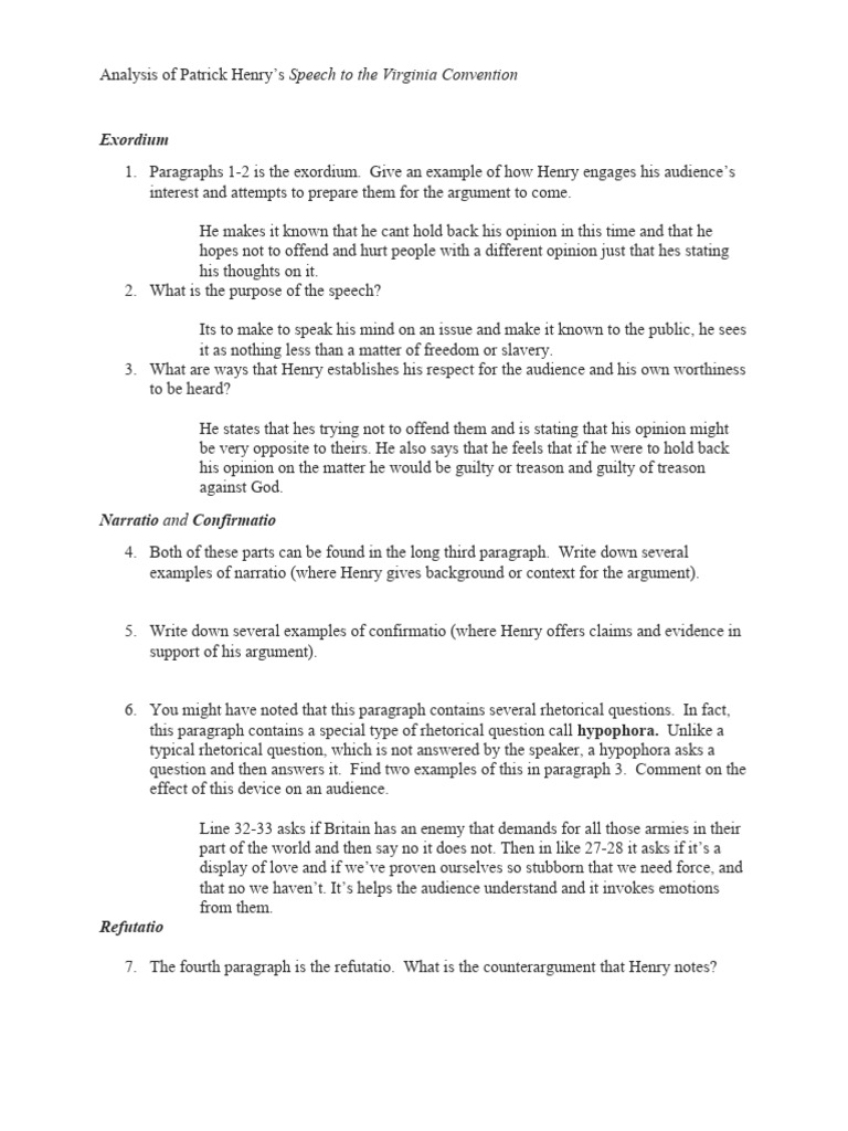 Patrick Henry Speech Analysis | PDF | Question