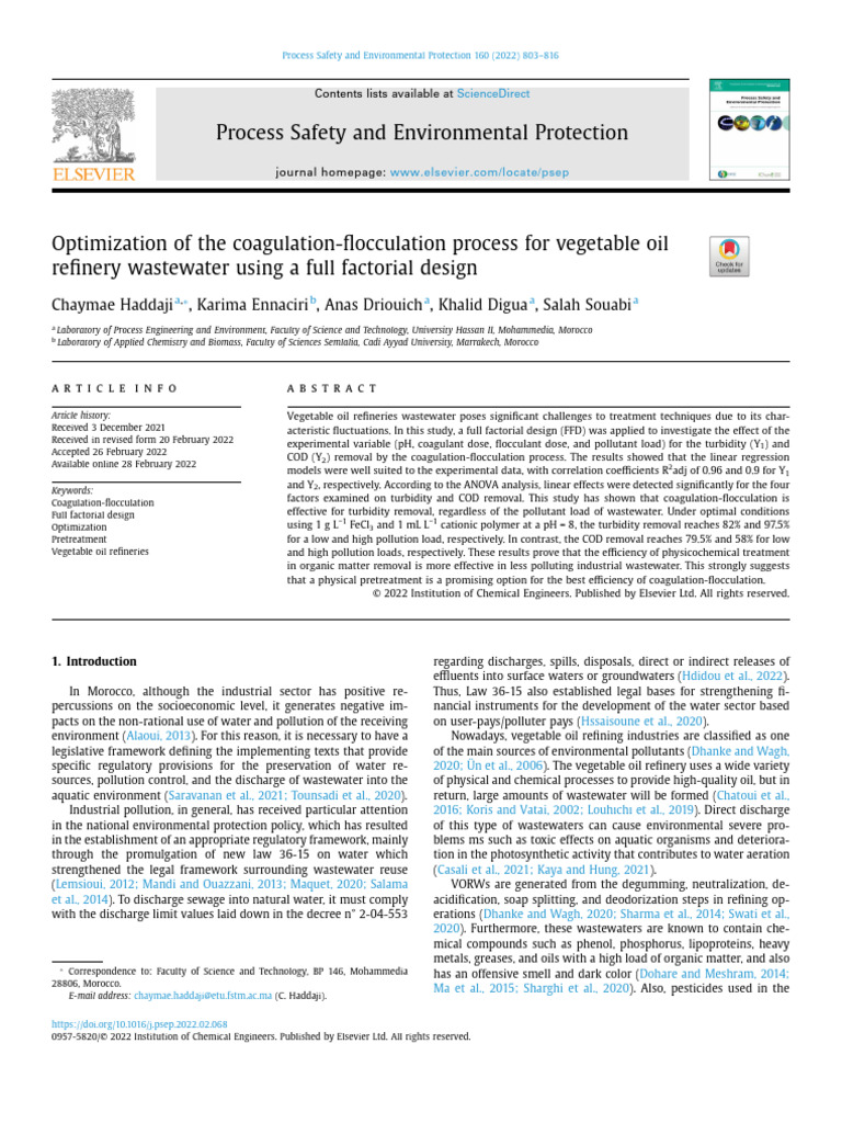 Optimization of the coagulation-flocculation process for vegetable oil ...