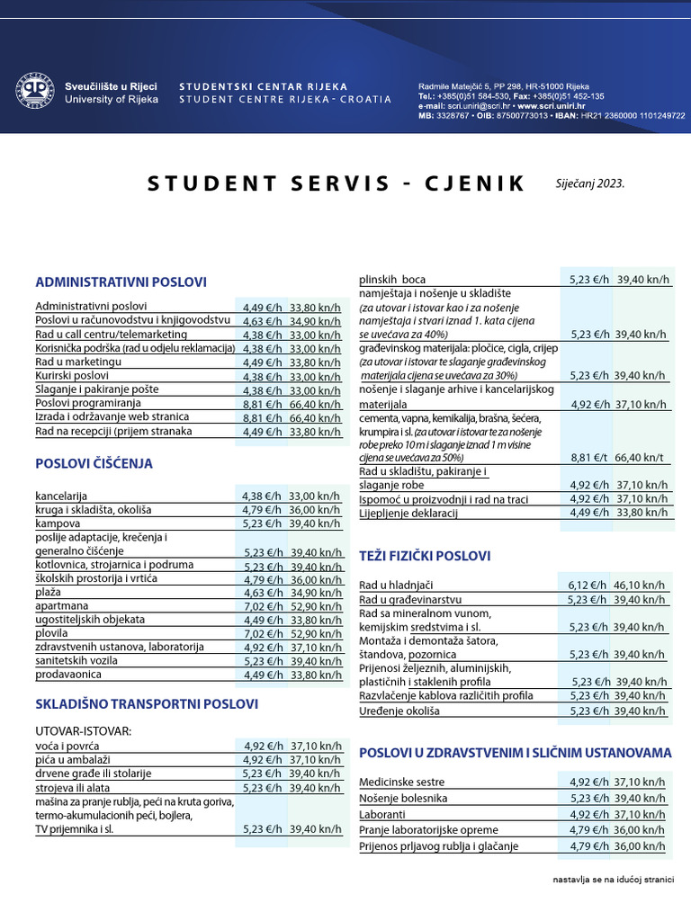Studentski Cjenik Sijeanj 2023 | PDF