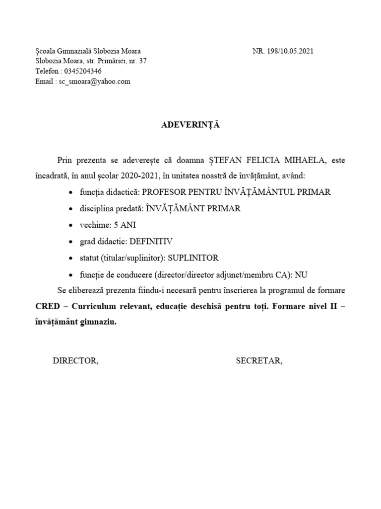 F - Adeverinta Eliberata de Unitatea de Invatatmant - Gimnaziu - Ștefan ...