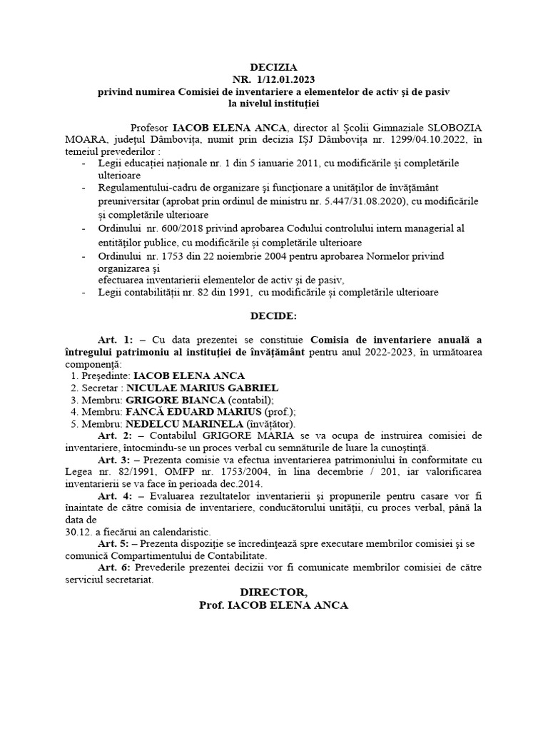 Decizie Inventariere 2022-2023 | PDF