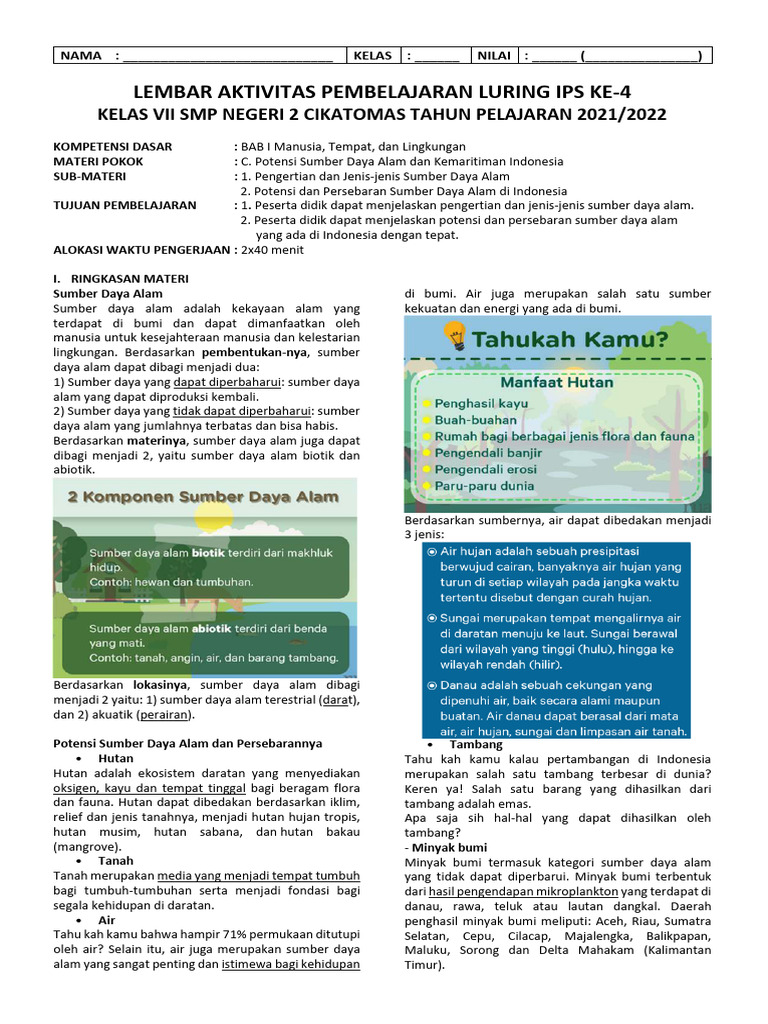 LKPD Kelas VII - 4. Pengertian, Potensi, Dan Persebaran SDA | PDF