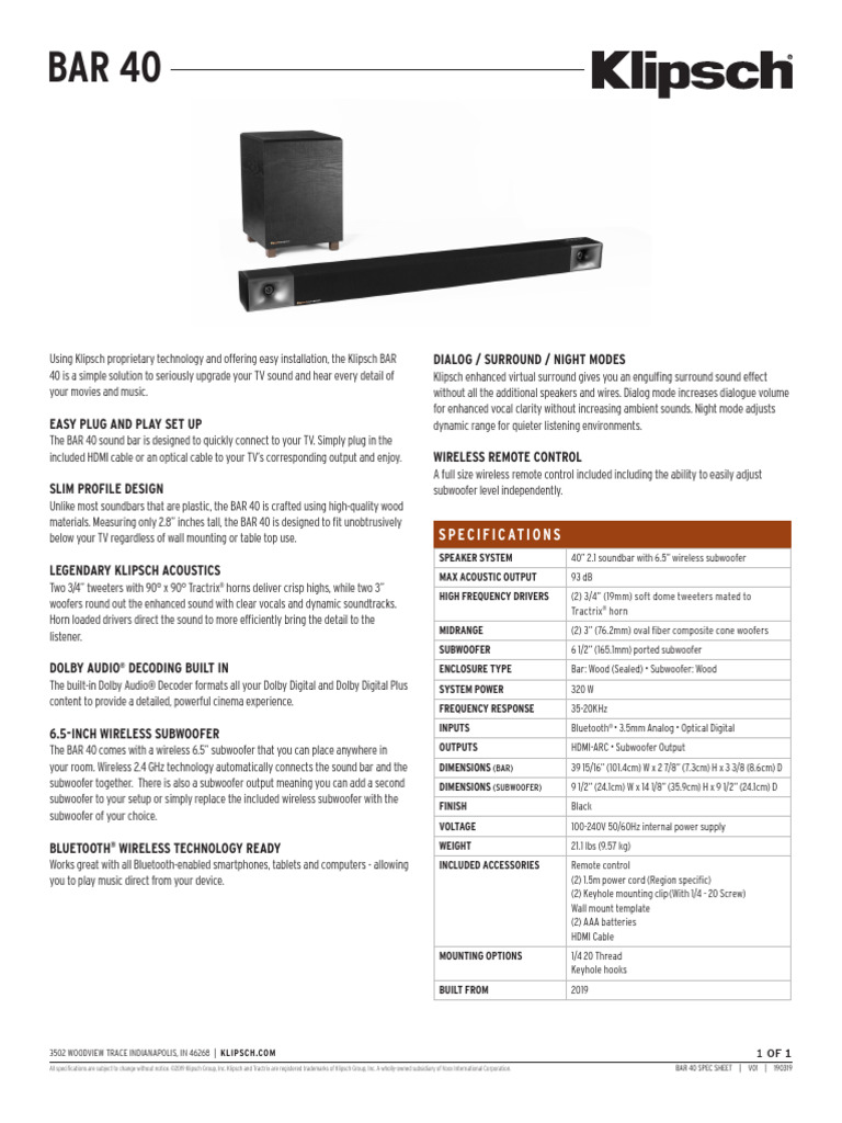 Bar-40 Spec-Sheet v02 | PDF | Loudspeaker | Computing