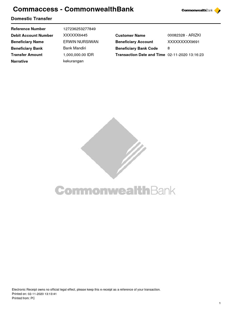 Commonwealth Bank Domestic Transfer Receipt | PDF