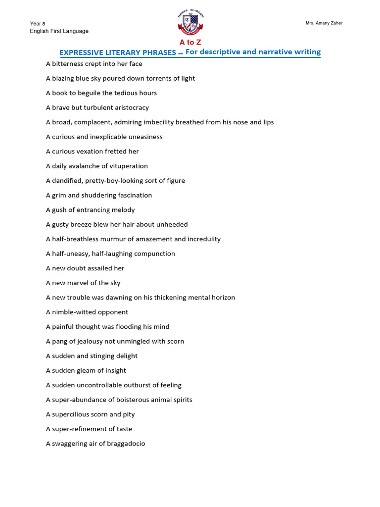 EXPRESSIVE LITERARY PHRASES - For Descriptive and Narrative Writing | PDF