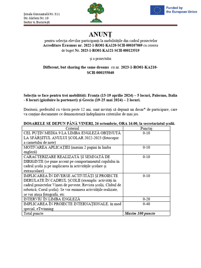 Apel Selectie Elevi Erasmus 2023 | PDF