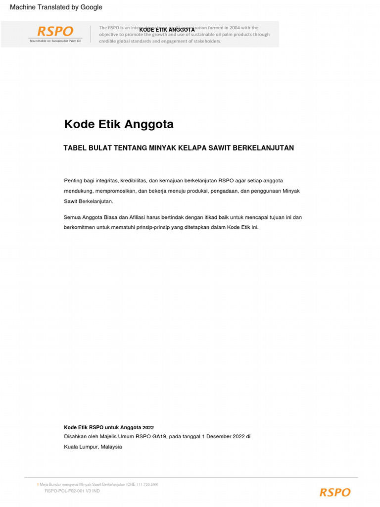 RSPO Code of Conduct 2022 | PDF