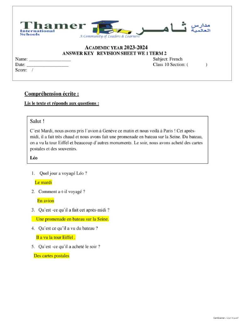 ,G10 Answer Key Revision Sheet WE 1 TERM 2 2023-2024 PDF | PDF